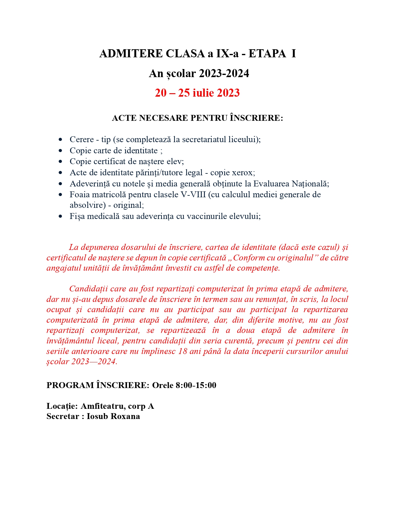 ADMITERE CLASA a IX-a LICEU/ZI 2023-2024 | Liceul Tehnologic Dumitru Mangeron